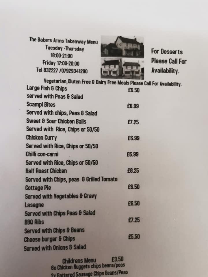 Menu at The Bakers Arms pub & bar, Swindon, Bakers Arms