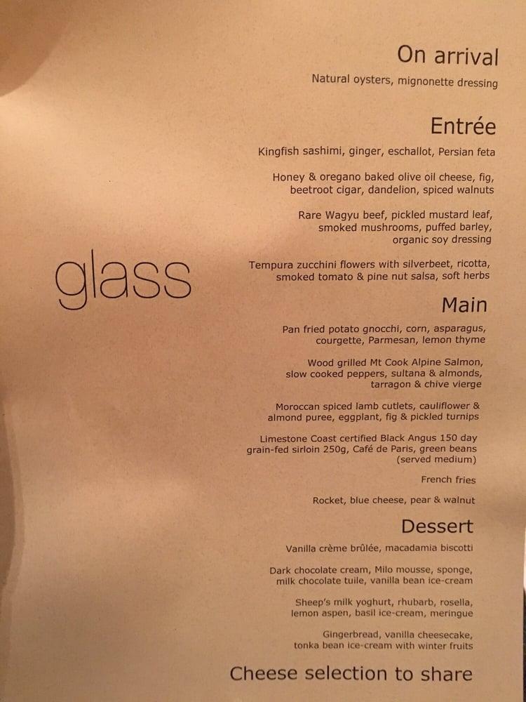 Menu at glass brasserie pub & bar, Sydney