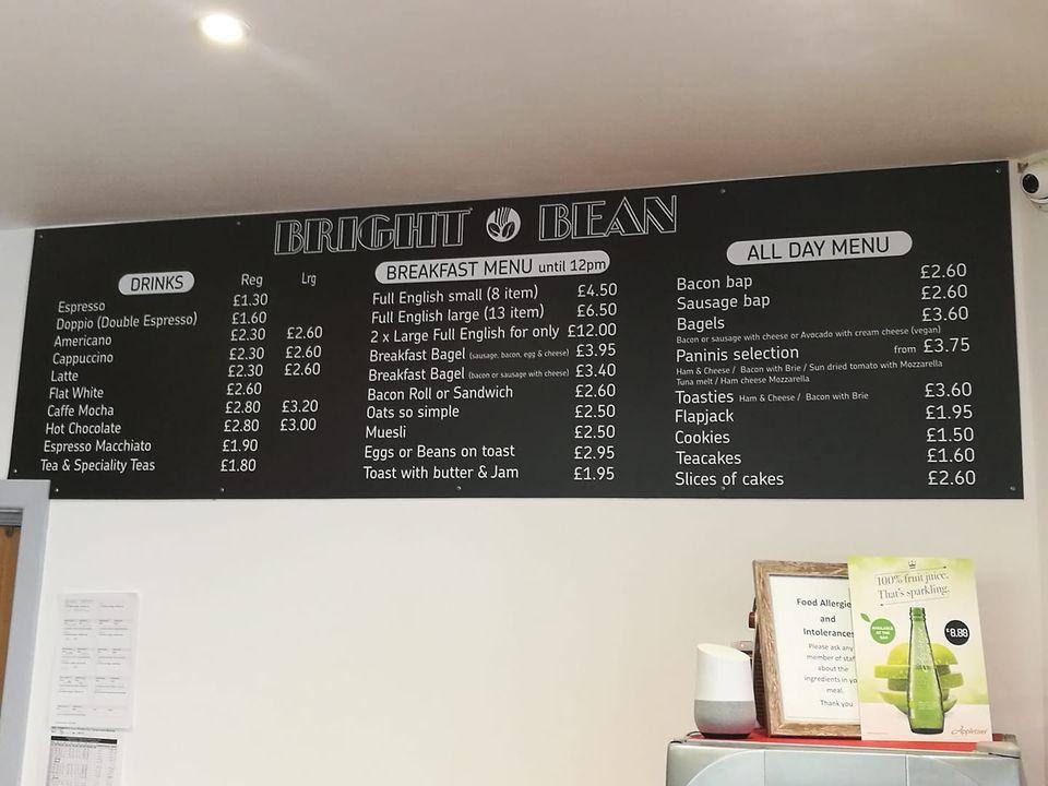 Menu at Bright Bean cafe, Paignton