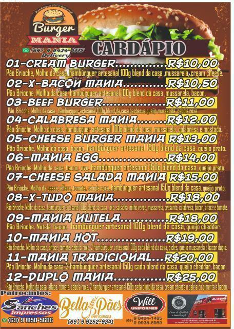 Menu em Burger Mania hambúrguer artesanal, lanches, porção, promoção ...