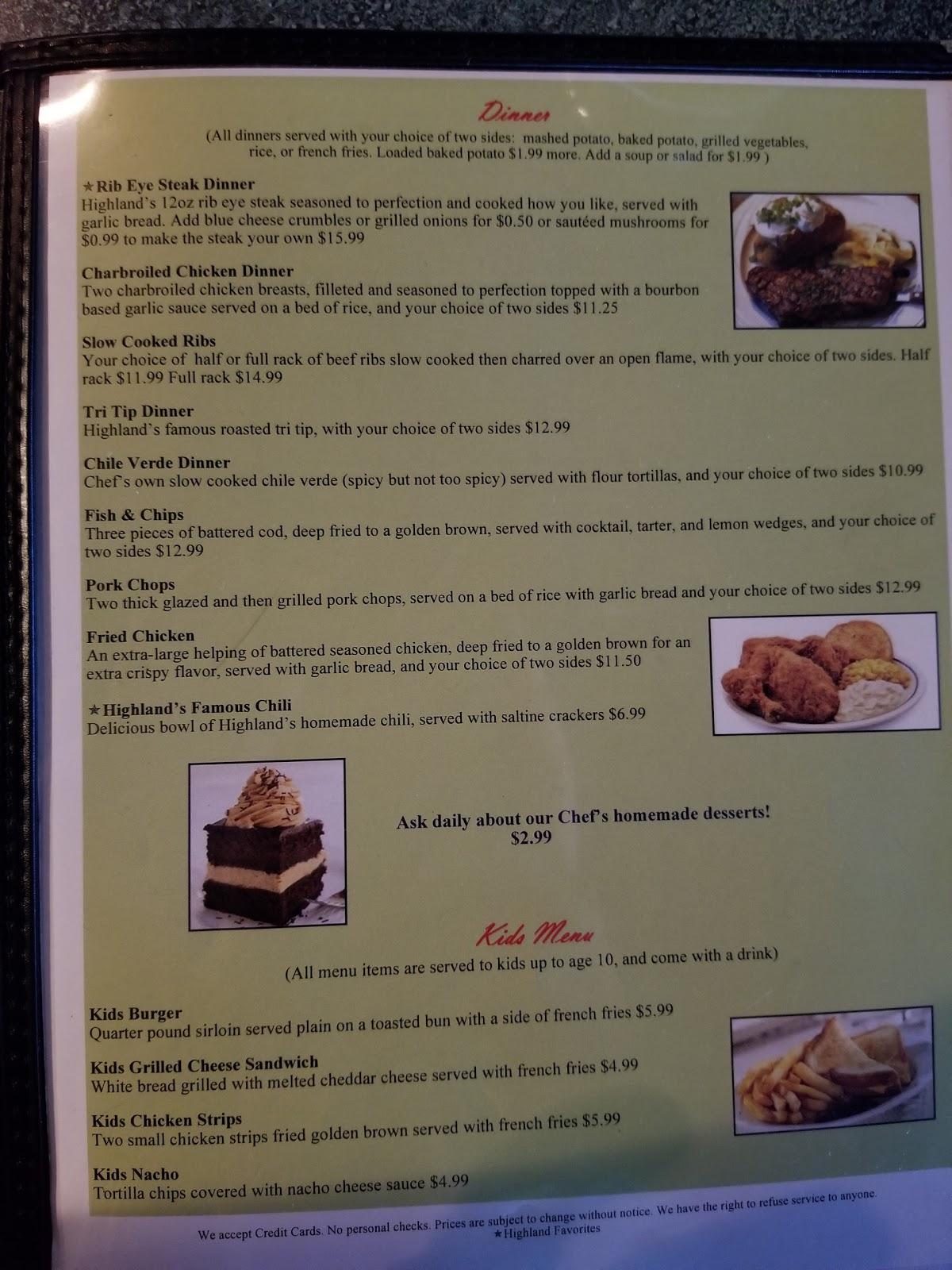 Menu at Highland Pizza & Pub, Bakersfield