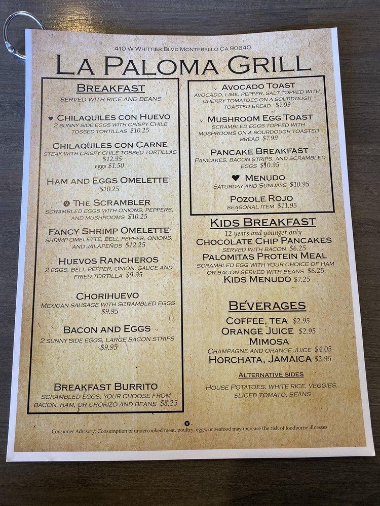 Menu at La Paloma Grill restaurant, Montebello