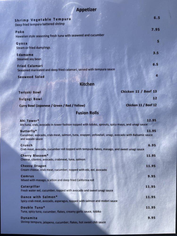 Menu at Little Kyoto restaurant, Hayden
