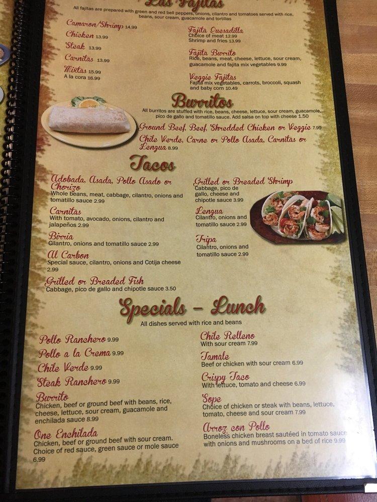 Menu at Los Costeños Restaurant, Corning
