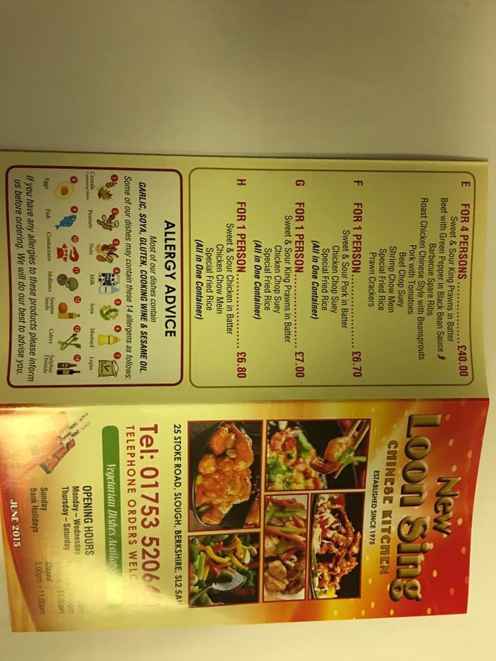 Menu at New Loon Sing fast food, Slough