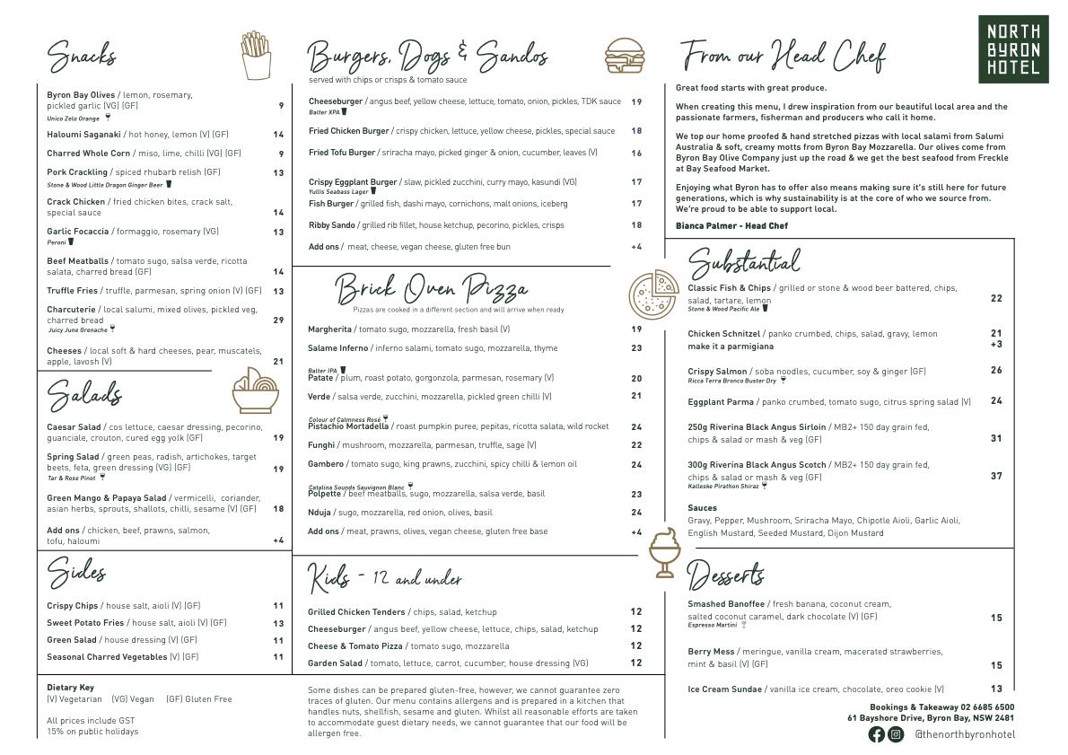 Menu at North Byron Hotel & Liquor Merchants restaurant, Byron Bay