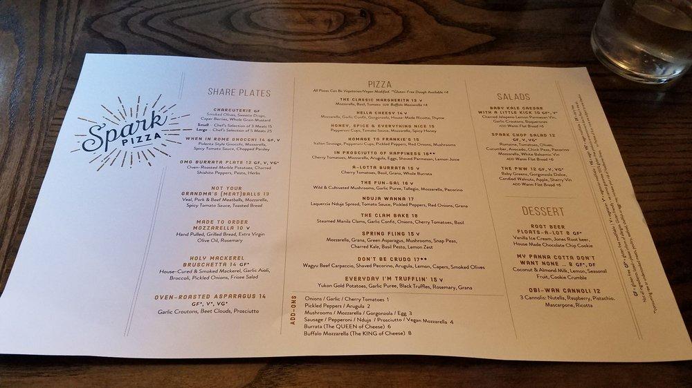 Menu at Spark Pizza pub & bar, Redmond