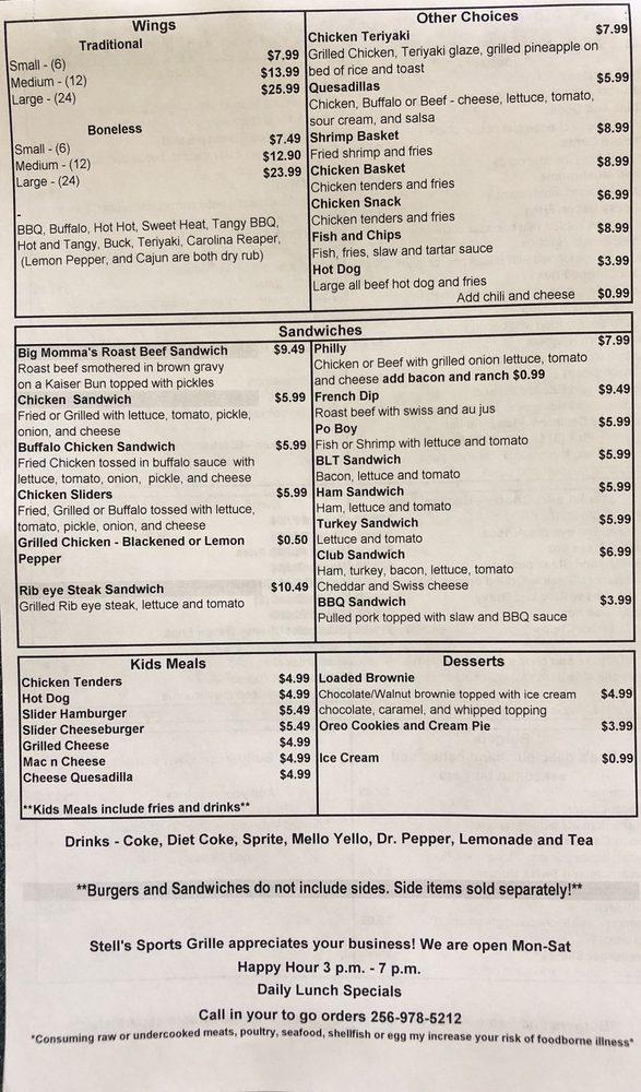 Menu at Stell's Sports Grille pub & bar, Muscle Shoals