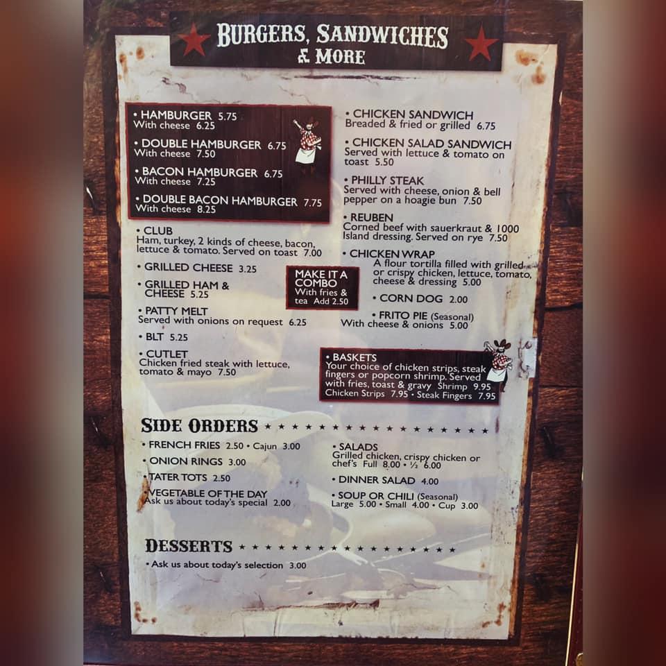 Menu at Texas Chuck Wagon restaurant, Nash