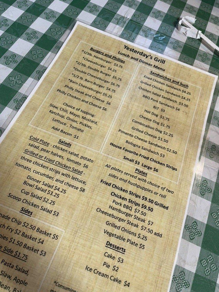 Menu at Yesterday's Grill restaurant, Snow Camp