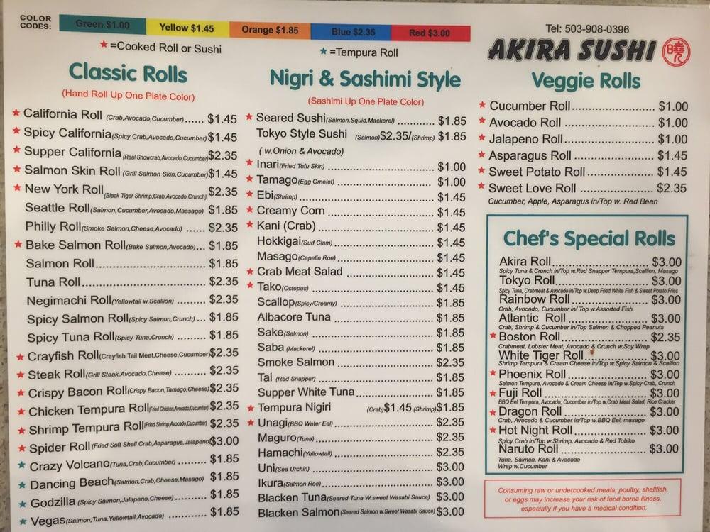 Menu at Akira Sushi restaurant, Clackamas