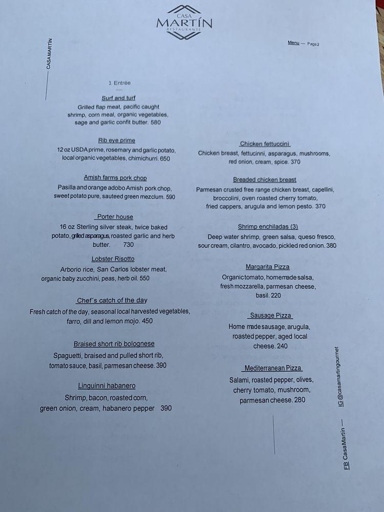 Menu at Casa Martín Restaurante, Cabo San Lucas