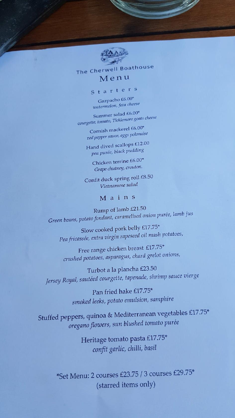 Menu at Cherwell Boathouse Restaurant, Oxford