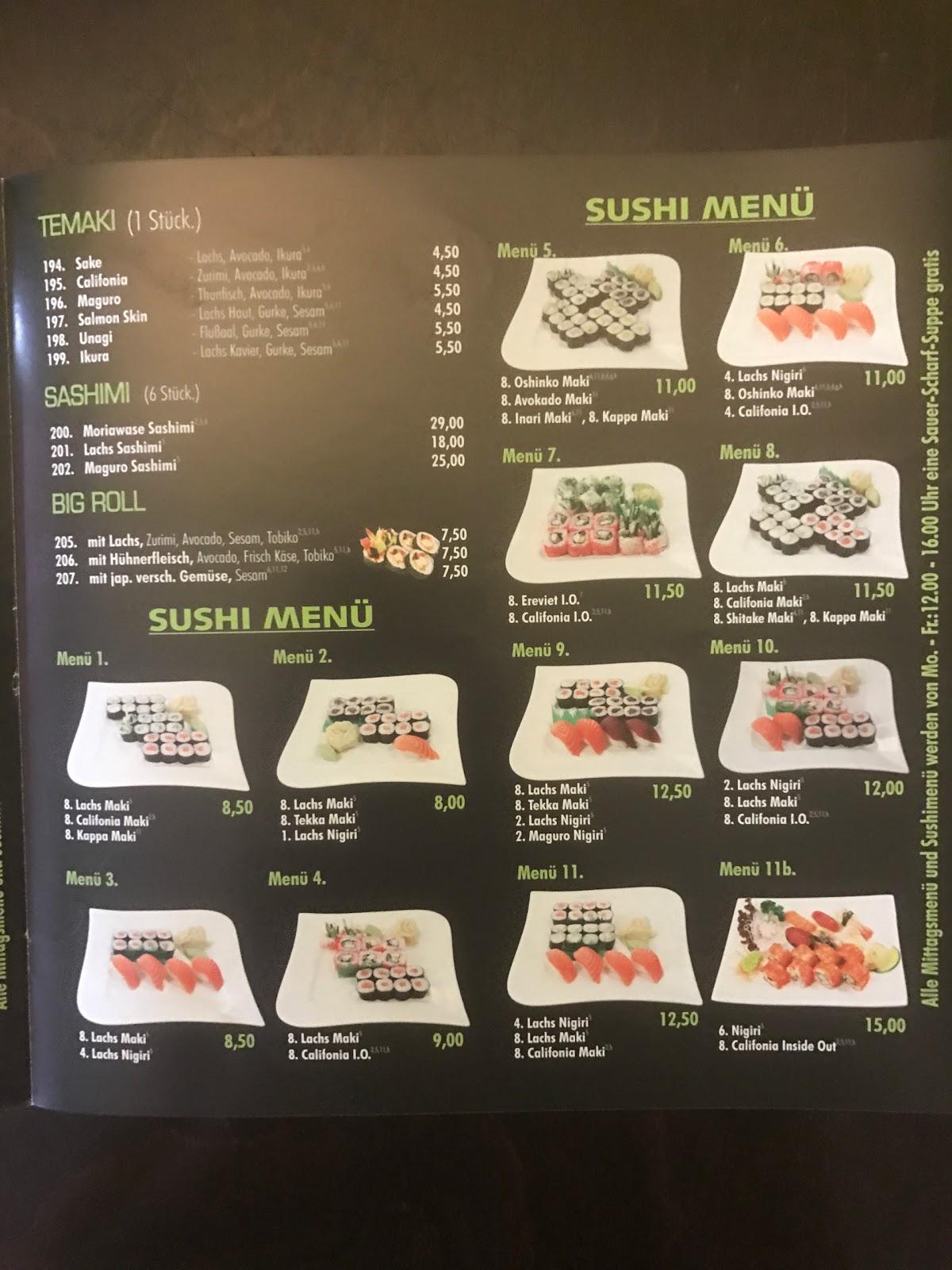 Menu at Coco's Asia & Sushi restaurant, Berlin