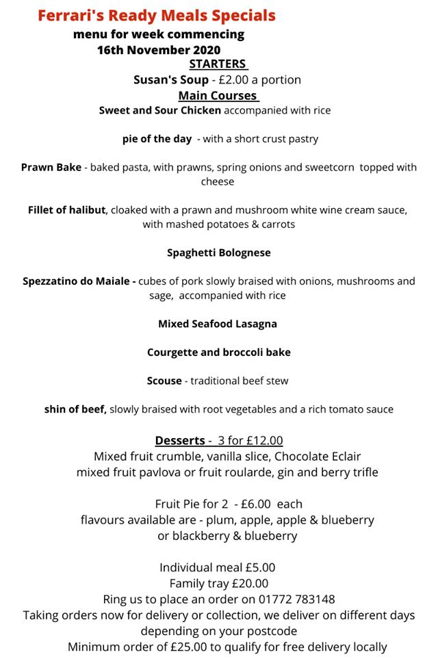 Menu at Ferrari’s Country House Hotel & Restaurant, Longridge