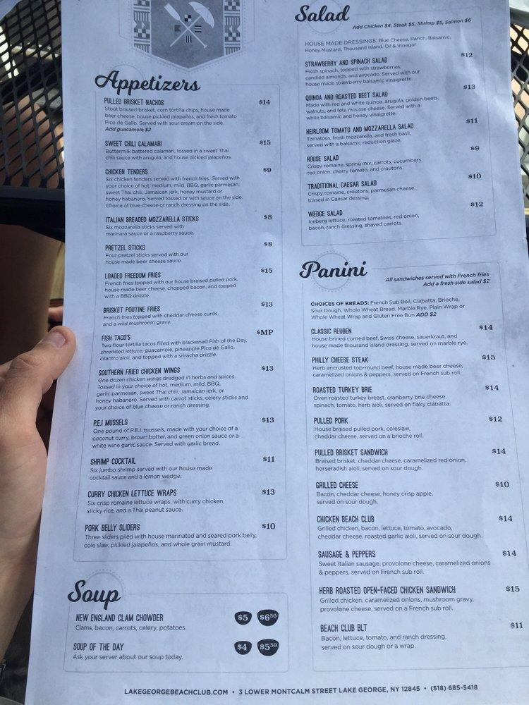 Menu at Lake George Beach Club, Lake George