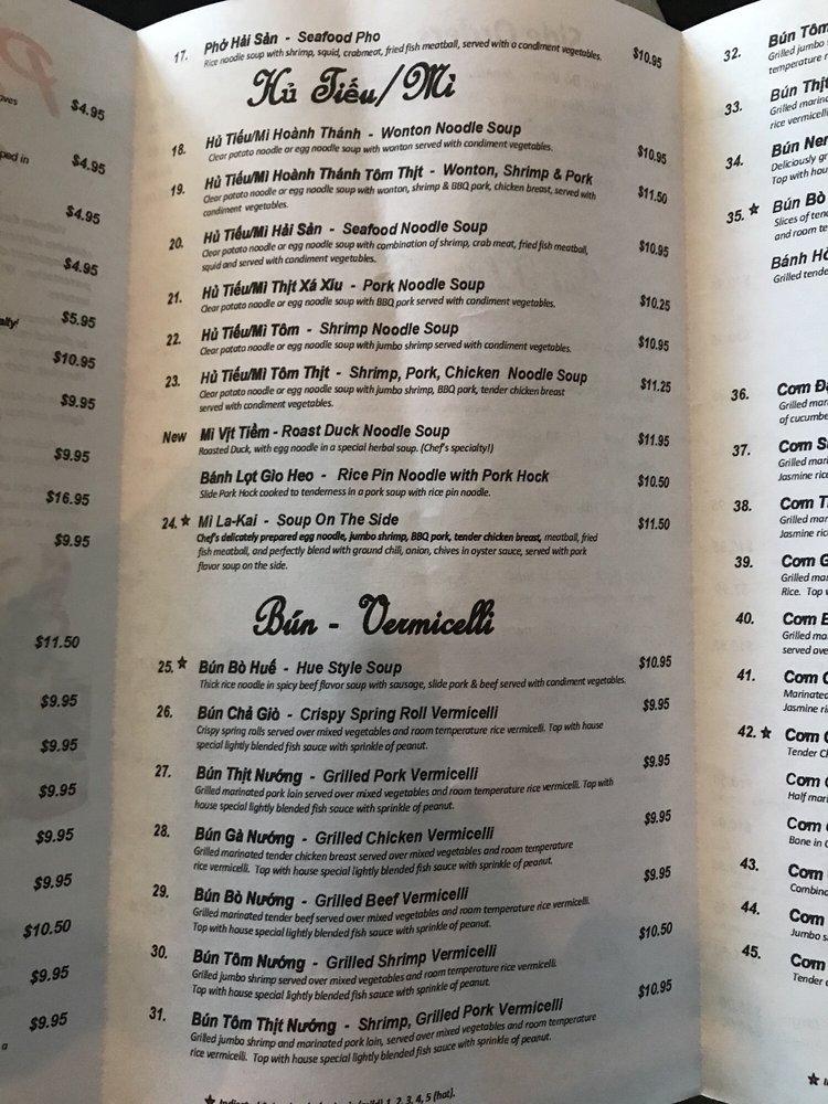 Menu at Pho DaLat restaurant, Tempe
