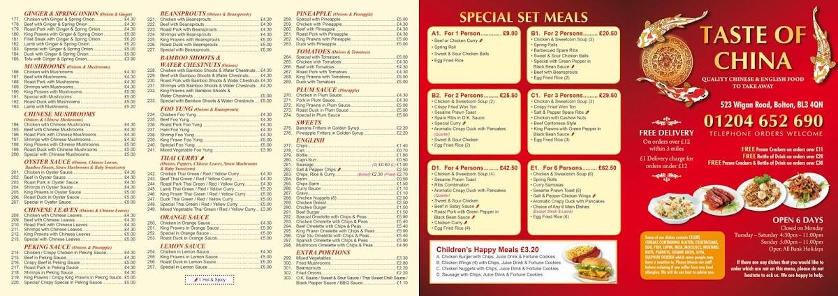 Menu at Taste of China restaurant, Bolton