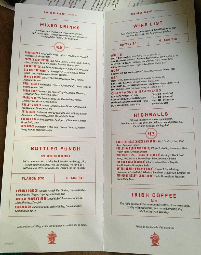 Menu at The Dead Rabbit pub & bar, New York City
