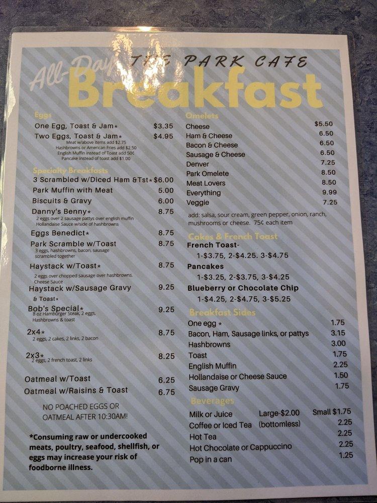 Menu at The Park Cafe, Braham