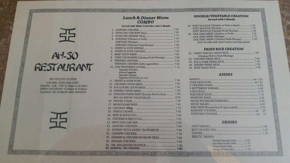 Menu at Ah-So Oriental Restaurant, Wichita, 855 Oliver