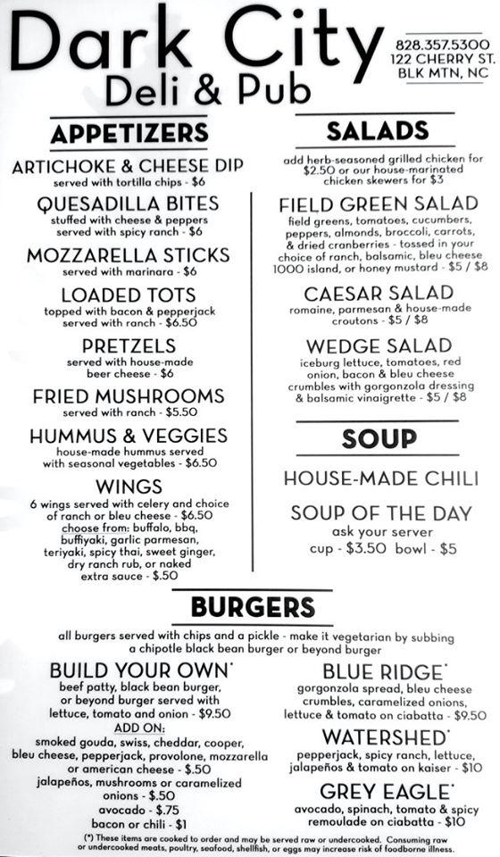 Menu at Dark City Deli, Black Mountain