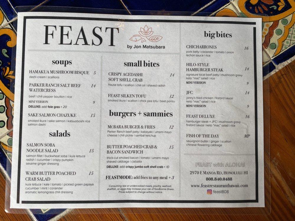 Menu at Feast by Jon Matsubara, Honolulu