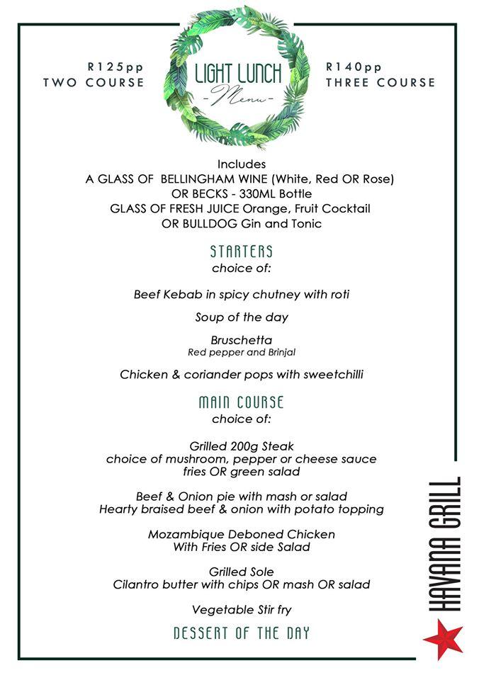 Menu at Havana Grill restaurant, Durban, Shop U2