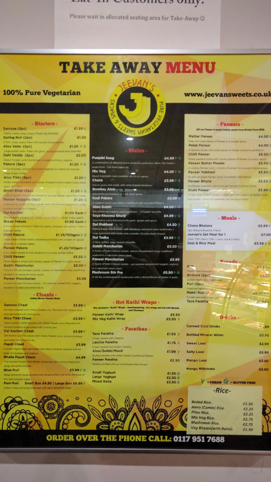 Menu at Jeevan Sweets restaurant, Bristol