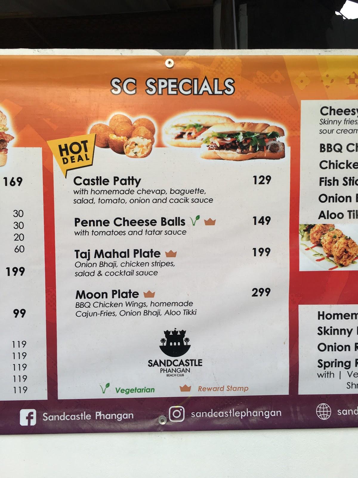 Menu at Sandcastle pub & bar, Ko Pha-ngan
