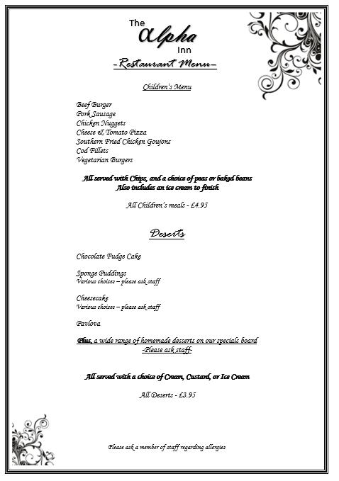 Menu at The Alpha Inn pub & bar, Whitland