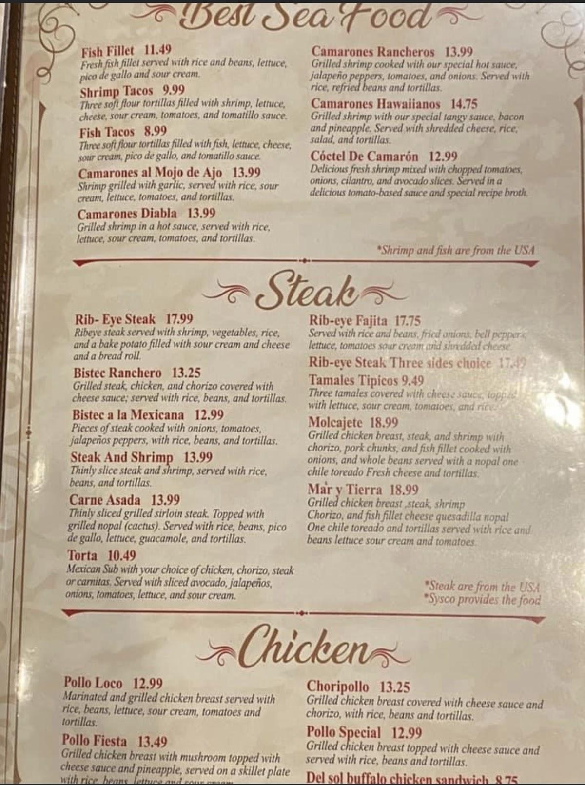 Menu at Del Sol Mexican Restaurant, Laurel