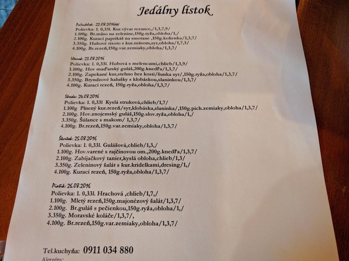 Menu at Gurmán restaurant, Nitrianska Blatnica