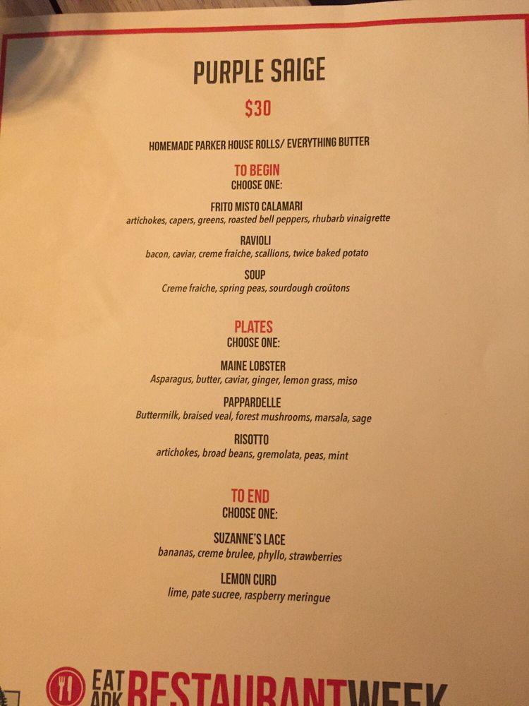 Menu at Purple Saige Bistro restaurant, Lake Placid