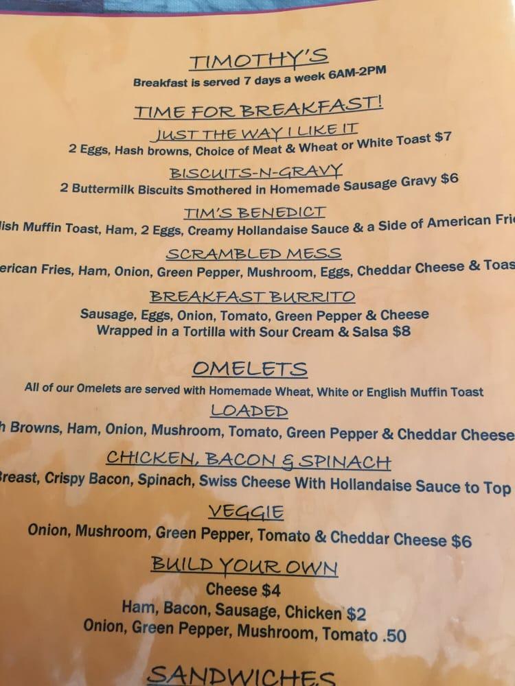 Menu at Timothy's Cafe, Fennimore