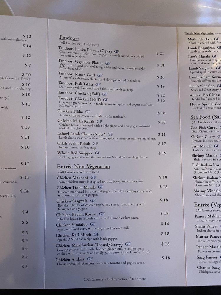 Menu at Andaaz restaurant, Asheville