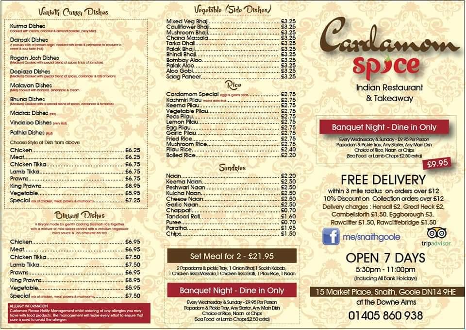 Menu at Cardamom Spice, Snaith, Goole restaurant, Carlton