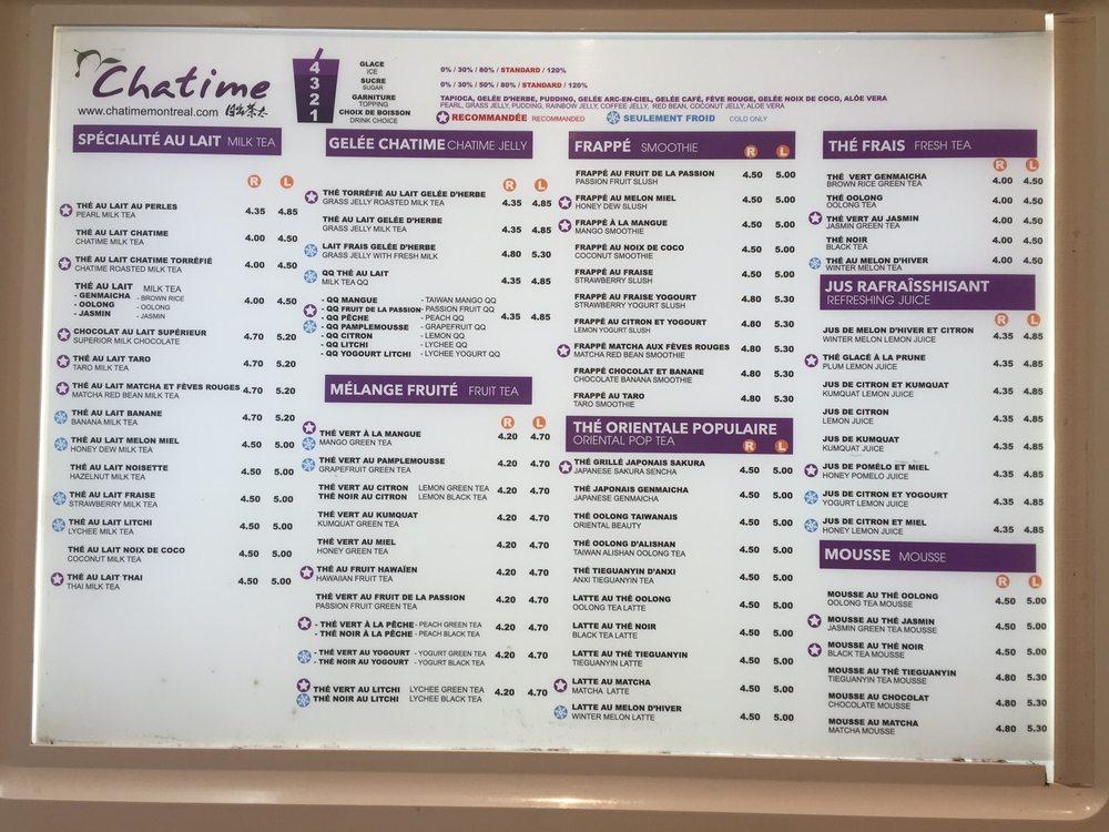 Menu au Chatime pub et bar, Montréal, Avenue Du Parc