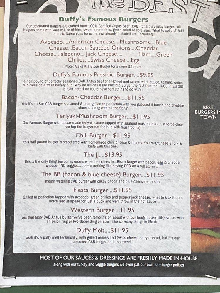 Menu at Duffy's Tavern & Family Restaurant, Monterey