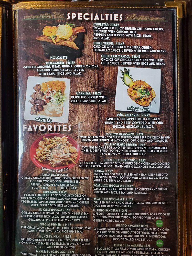 Menu at El Acapulco restaurant, Pocahontas, US-67