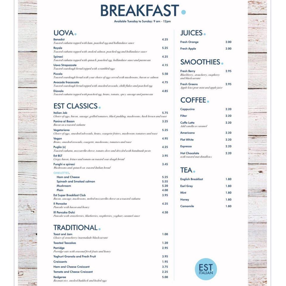 Menu at Est.Italian restaurant, Birkenhead