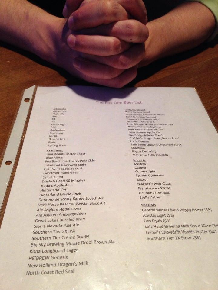 Menu at Fox Den Tavern and Grill pub & bar, Mequon