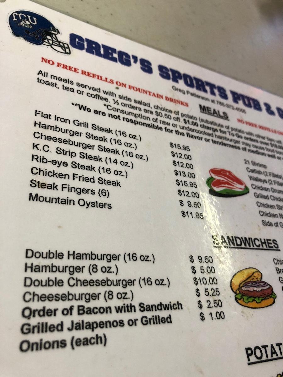 Menu at Greg's Sports Pub & Grub, Rush Center