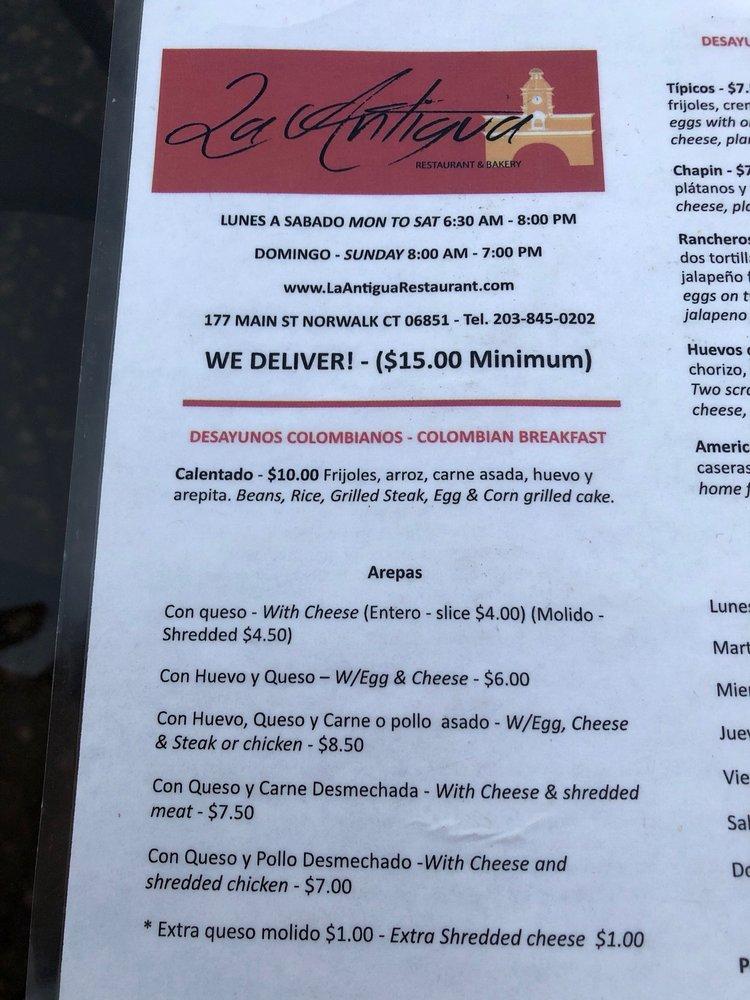 Menu at La Antigua Restaurant & Bakery, Norwalk