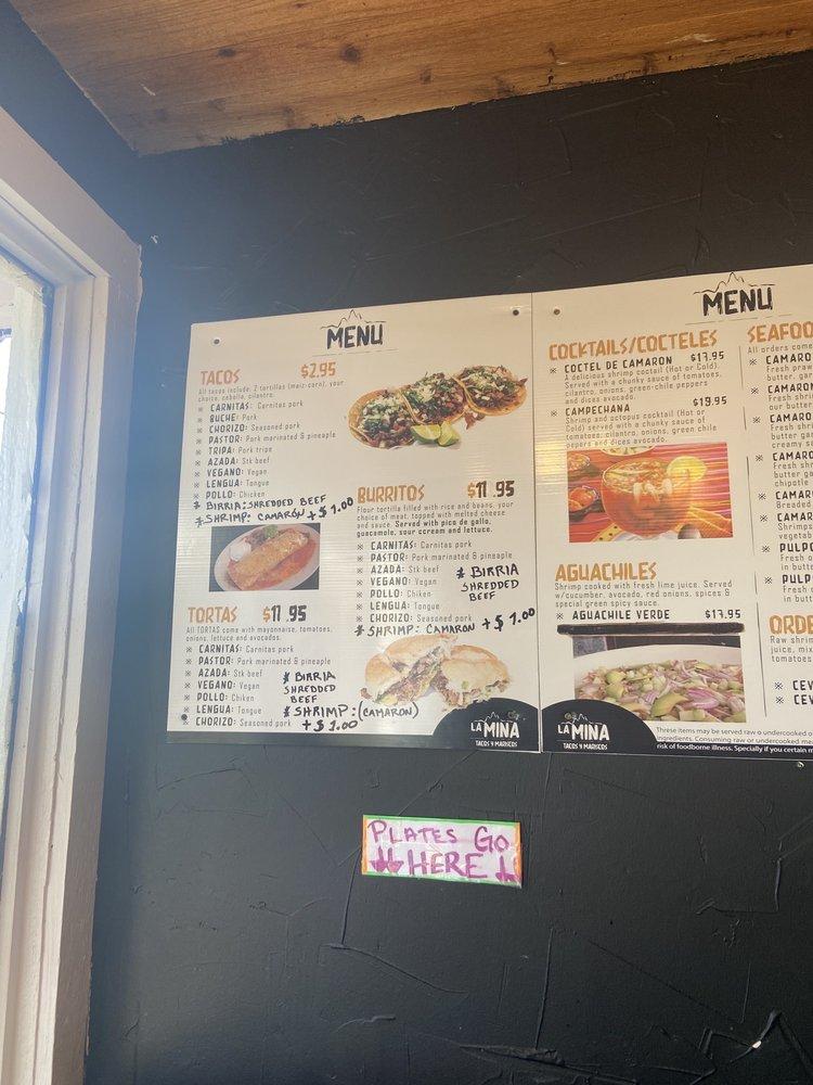 Menu at La Mina Tacos & Mariscos restaurant, Leadville