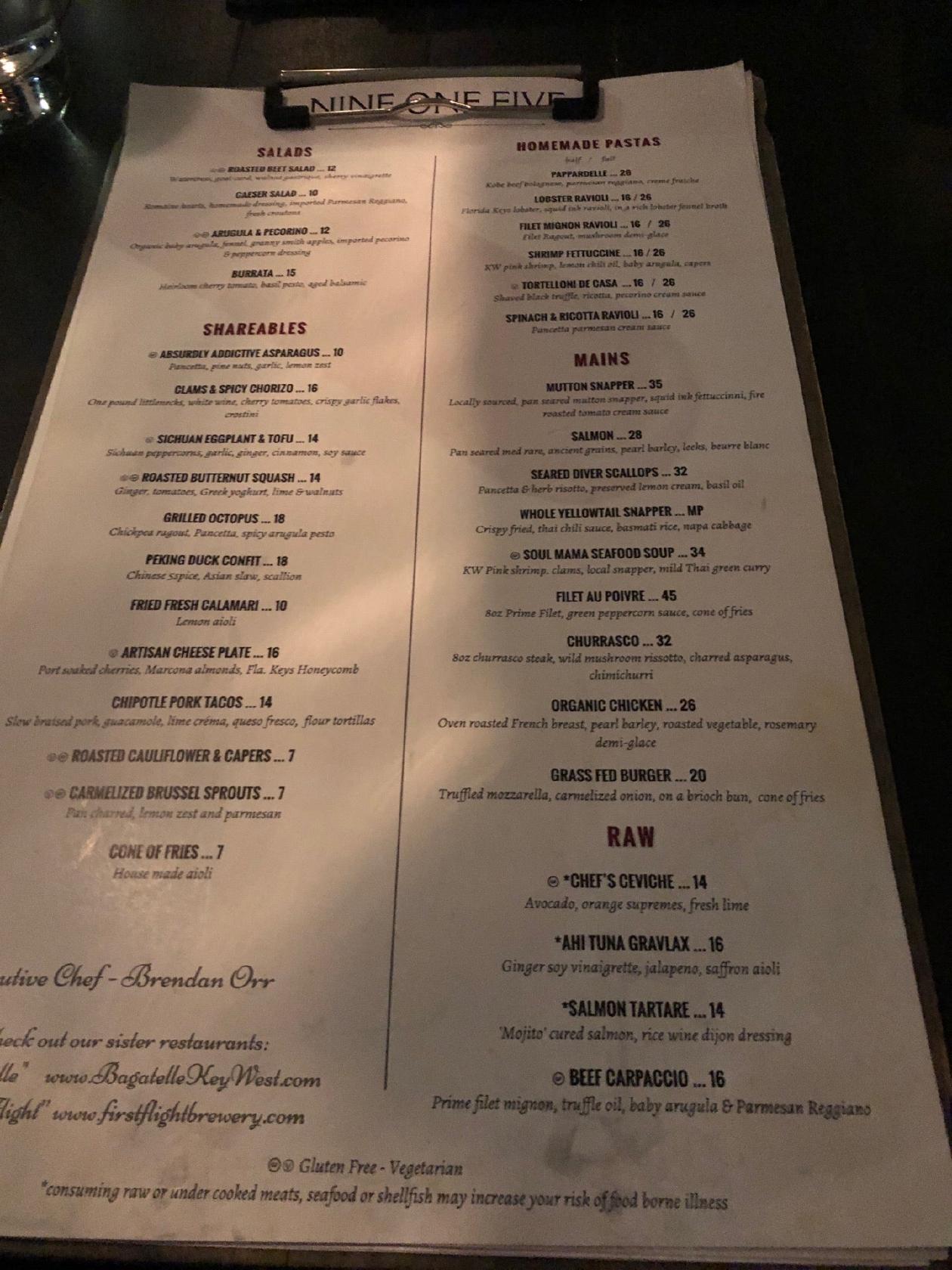 Menu at Nine One Five pub & bar, Key West
