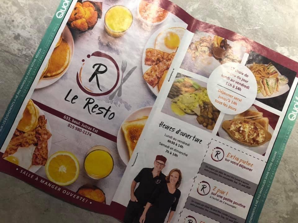 Menu au Restaurant Le Resto, Victoriaville, 633 Bd Jutras E