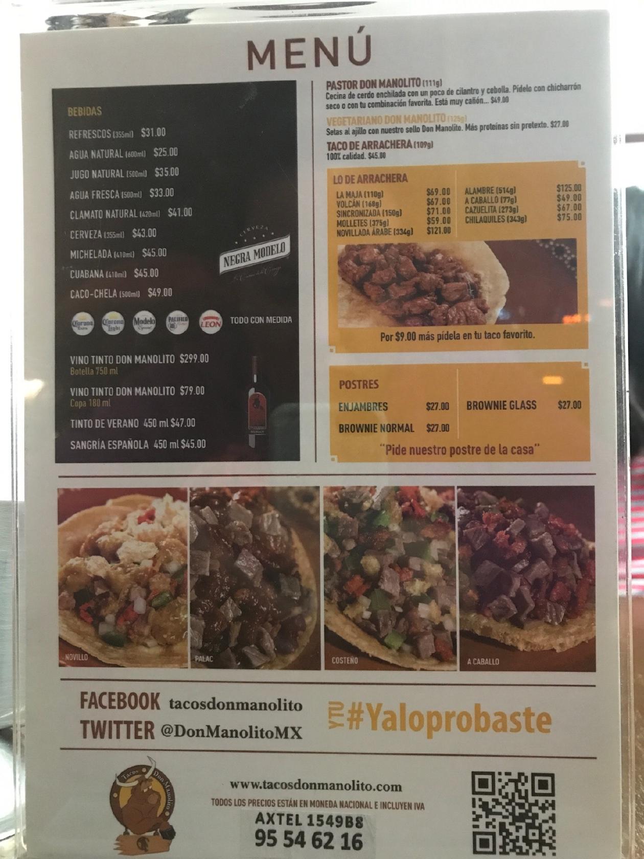 Menu at Tacos Don Manolito pub & bar, Mexico City, Av. Universidad 333