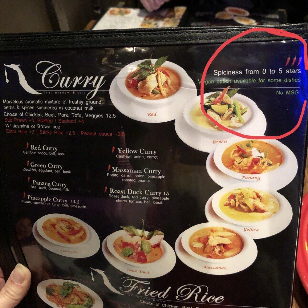 Menu at Thai Wisdom Bistro restaurant, Kirkland