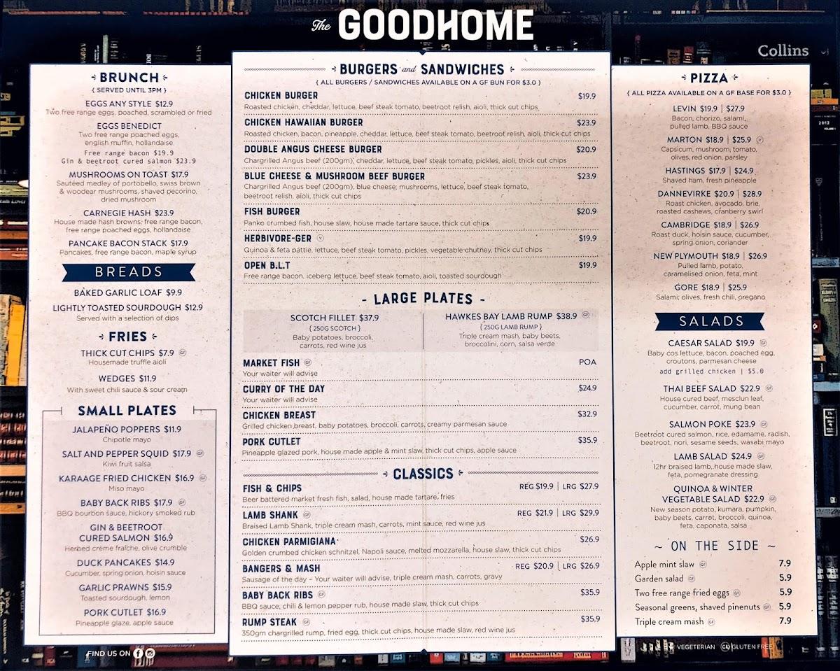 Menu at The Good Home Onehunga restaurant, Auckland, 55 Princes St